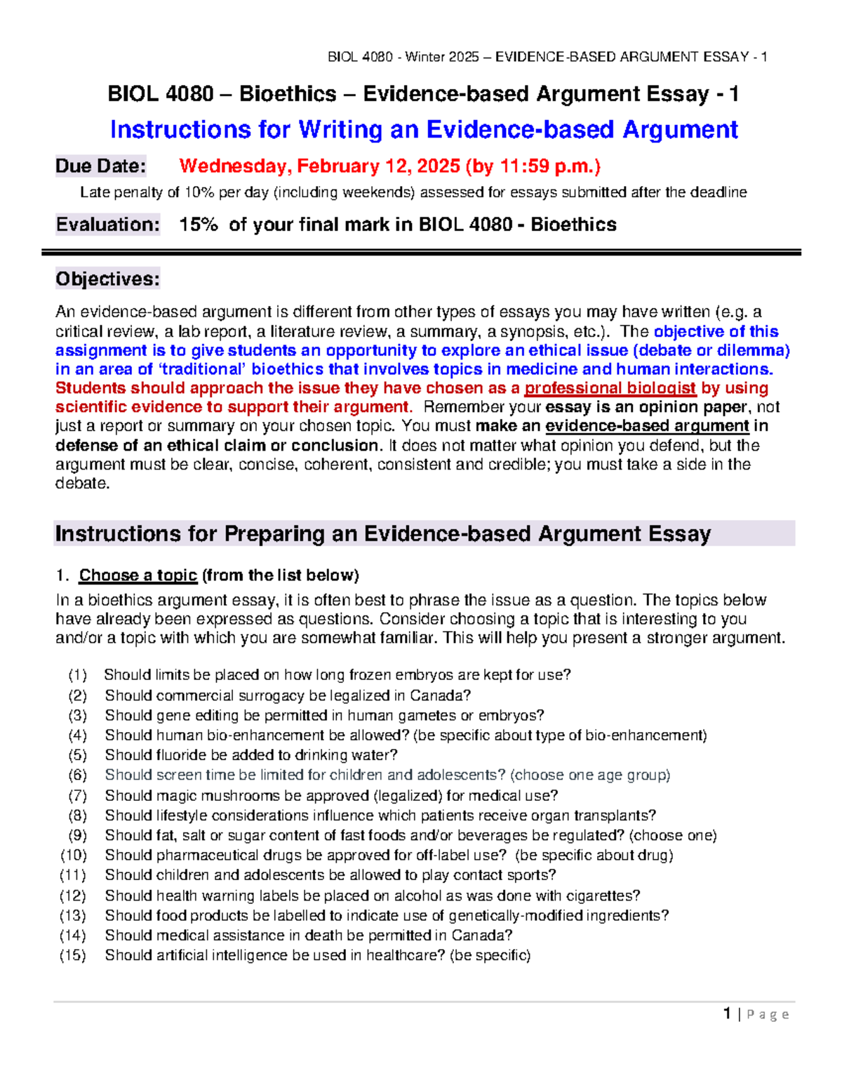 BIOL 4080 Winter 2025 Argument Essay 1: Writing Guidelines & Topics ...