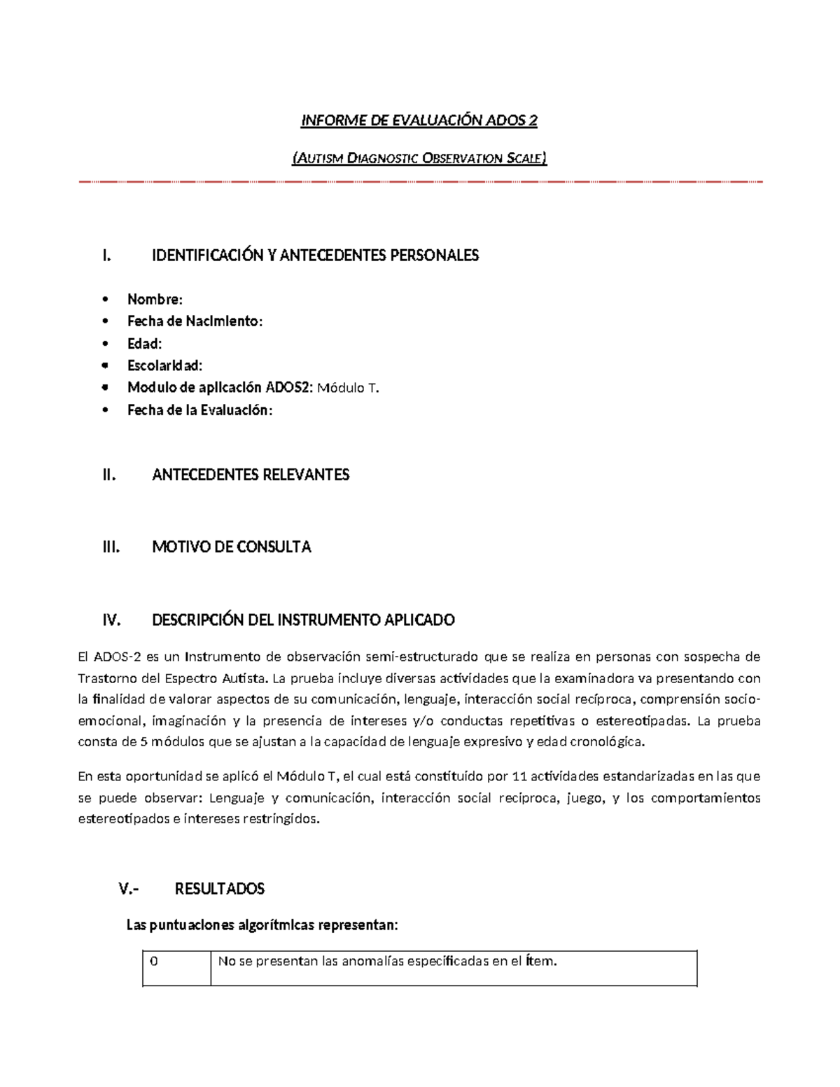 Informe de Evaluación ADOS 2 - Módulo T: Análisis y Resultados - Studocu