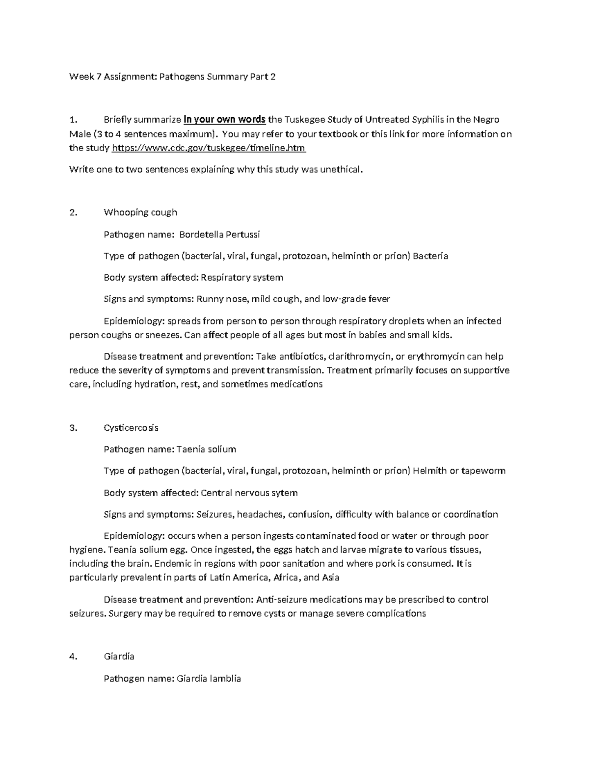 BIOS242 Week 7 Assignment: Pathogens Summary Part 2 Analysis - Studocu