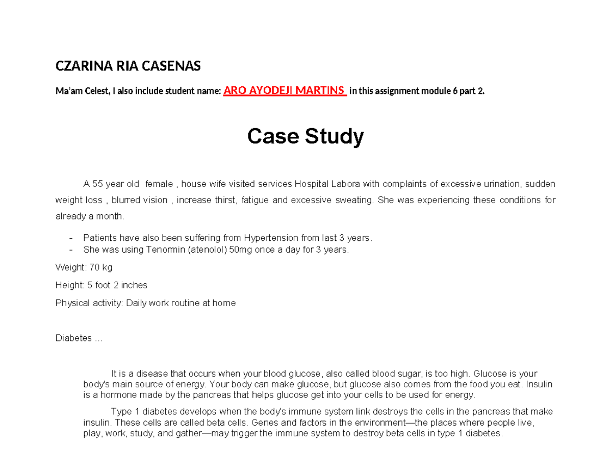 CZARINA RIA CASENAS: Module 6 Case Study on Diabetes Management - Studocu
