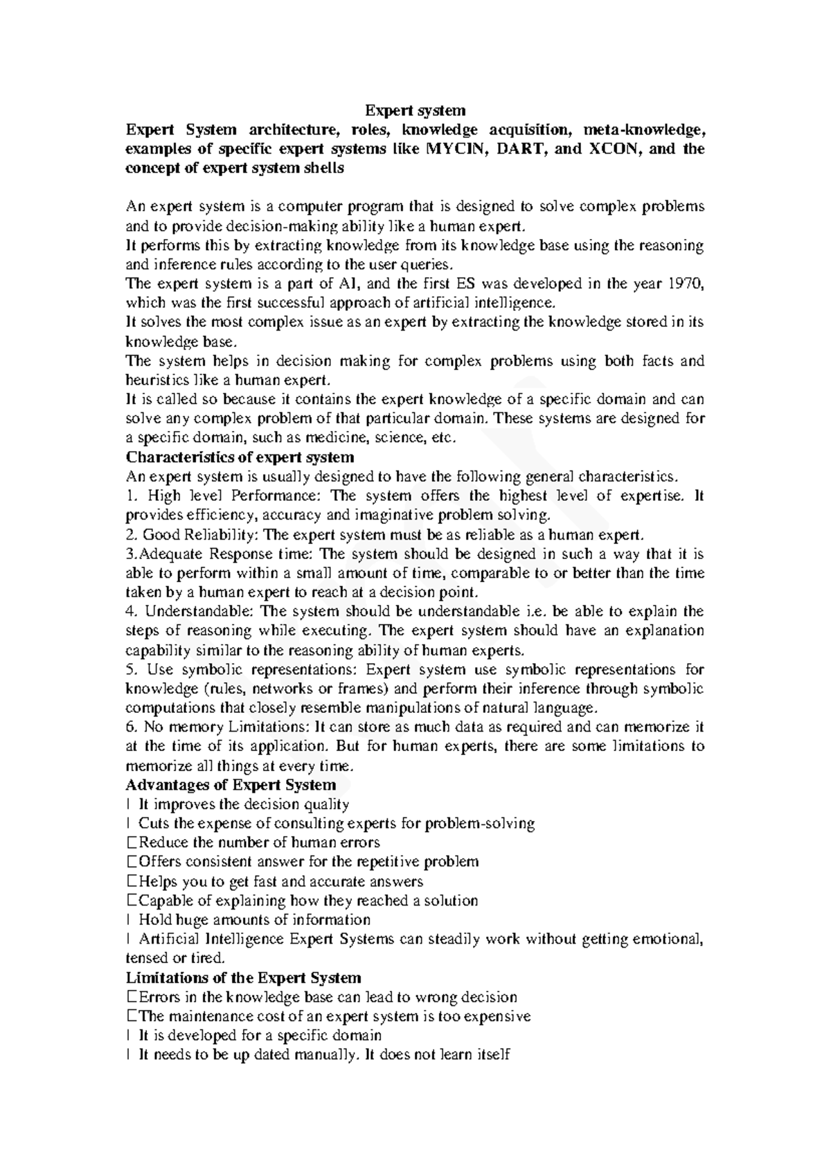 AI U5 Notes: Understanding Expert Systems and Their Applications - Studocu