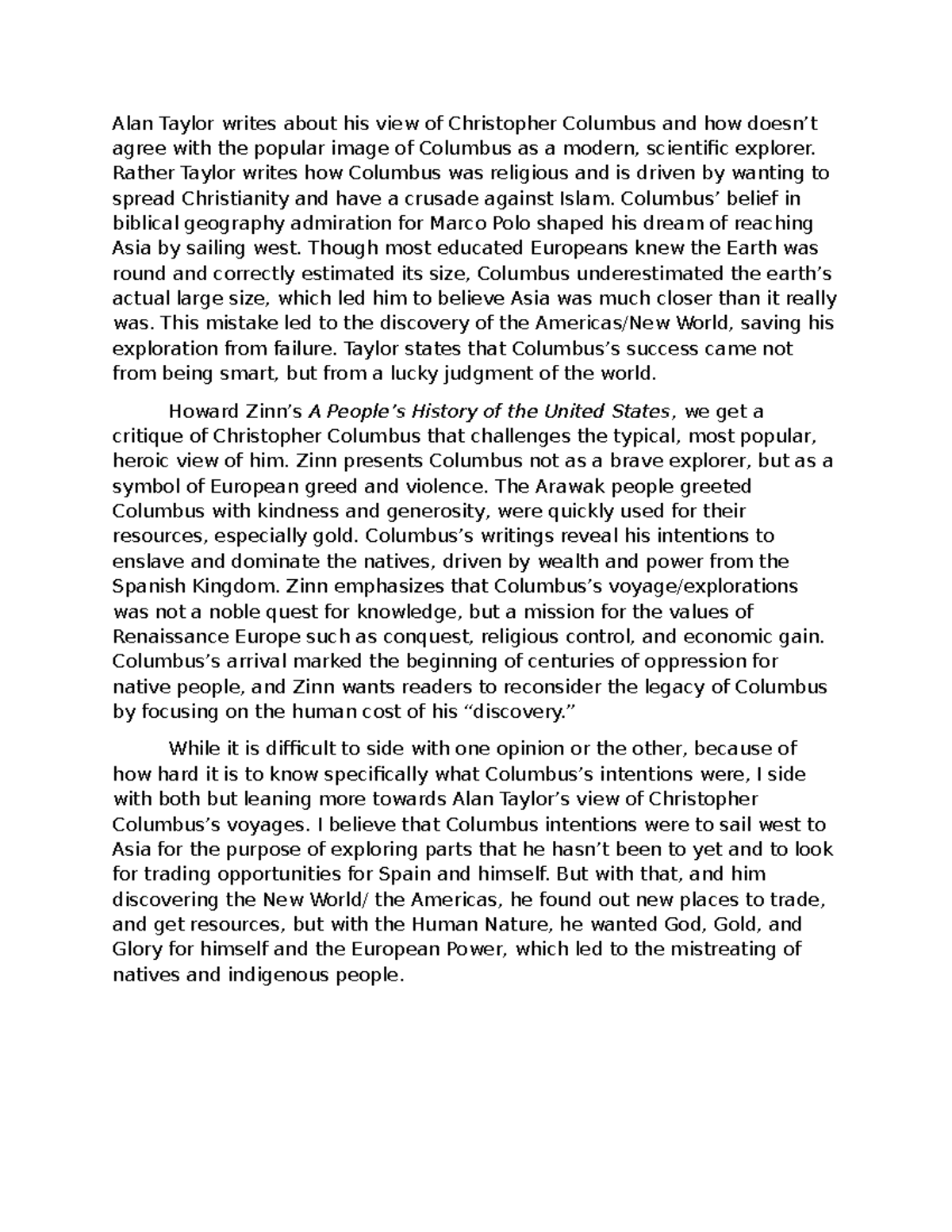 Taylor & Zinn Essay: Columbus' Legacy and Historical Perspectives - Studocu
