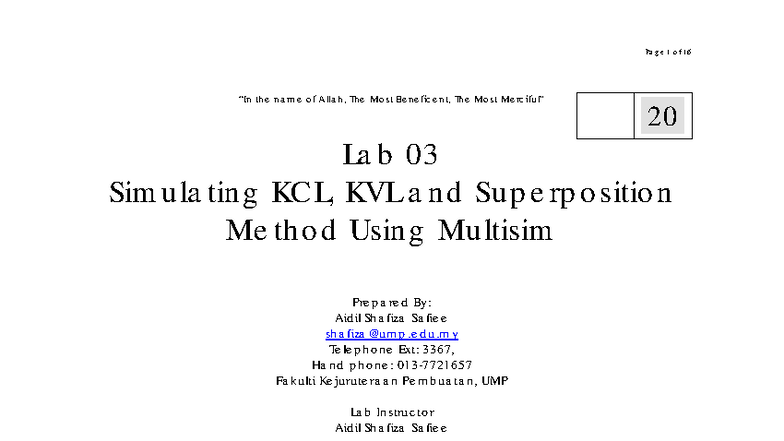 Lab 03: KCL, KVL, and Superposition Analysis Using Multisim - Studocu