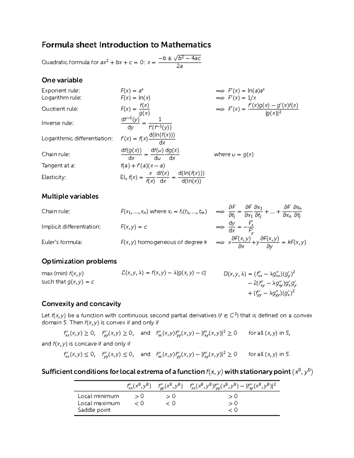 Resit Answers for Introduction to Mathematics 2: Key Formulas and ...