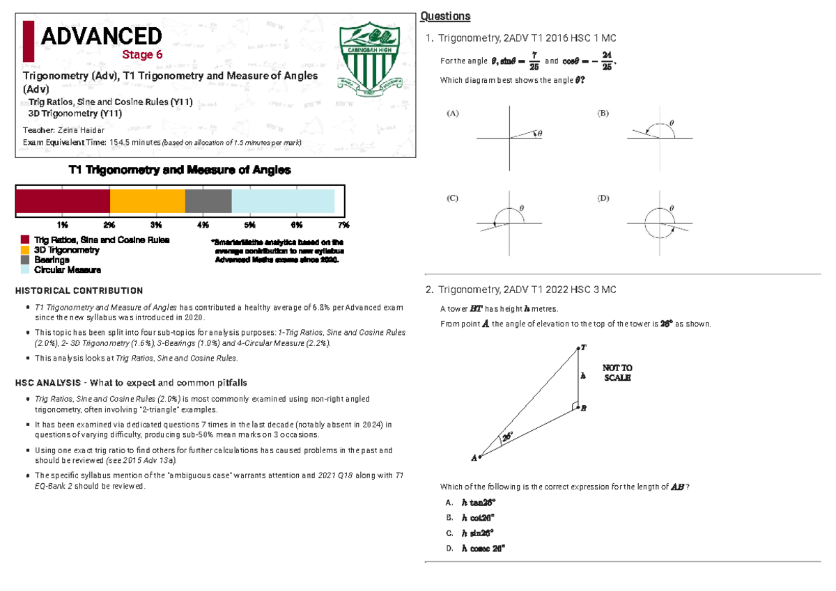 Practice Questions: Trigonometry Ratios & 3D Trigonometry (2ADV T1 ...