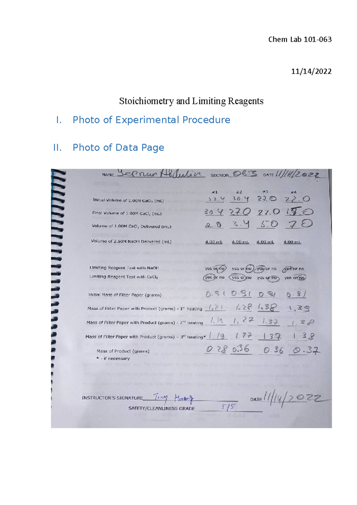 CHEM 101 Lab 4: Principles of Stoichiometry & Limiting Reagents - Studocu