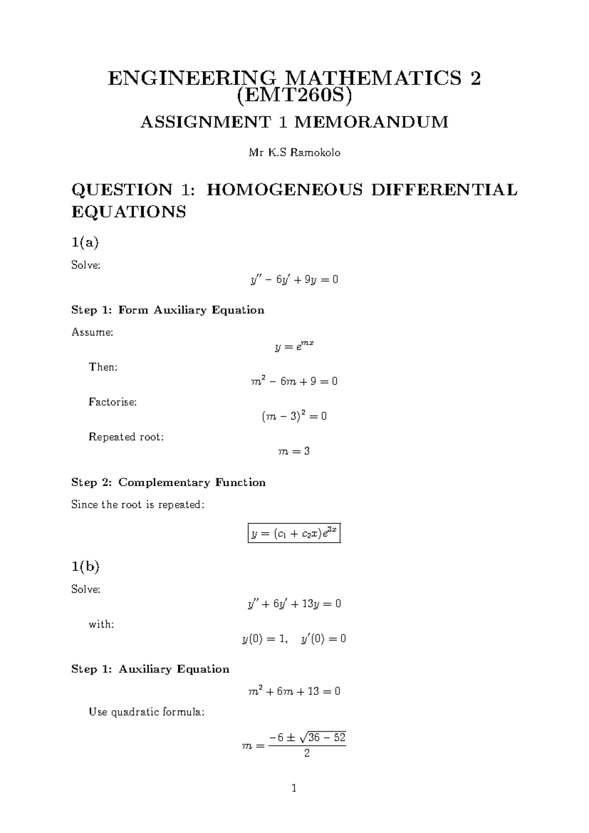 EMT260S Engineering Mathematics 2 Assignment 1 Memorandum - Studocu