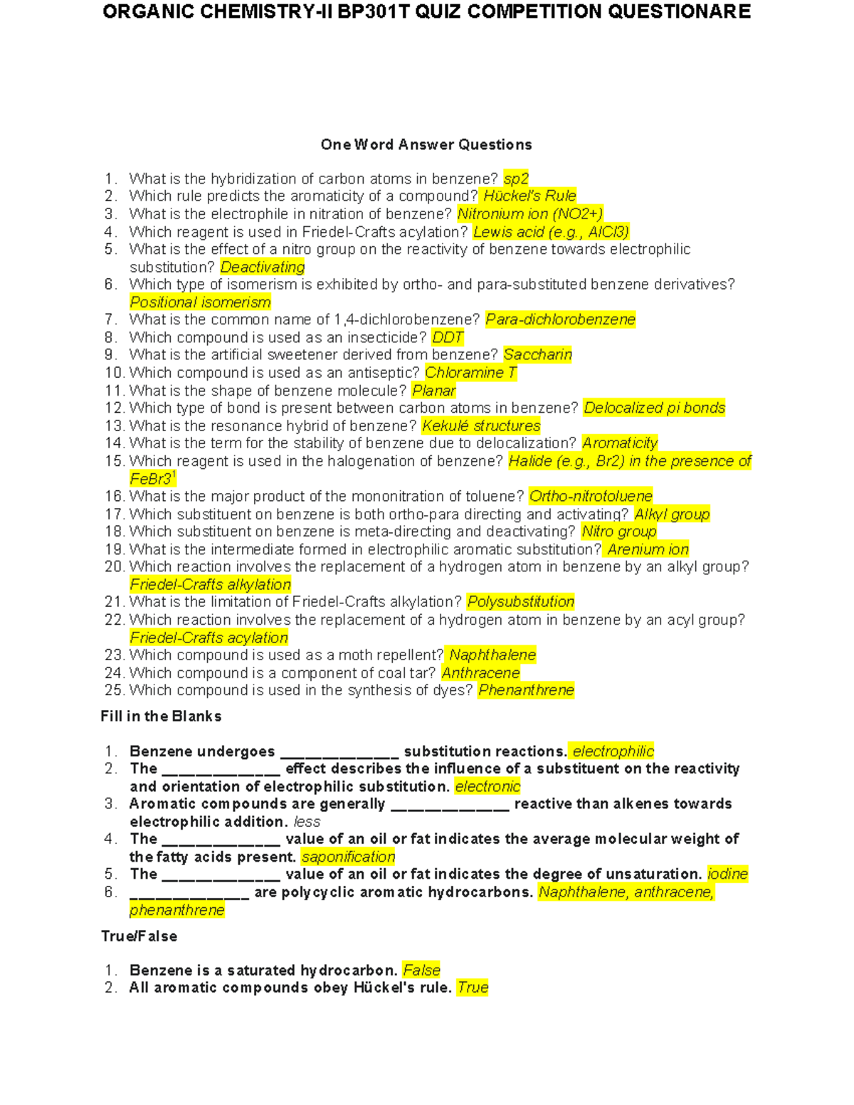 Quiz question organic chemistry-BP301T - One Word Answer Questions 1 ...