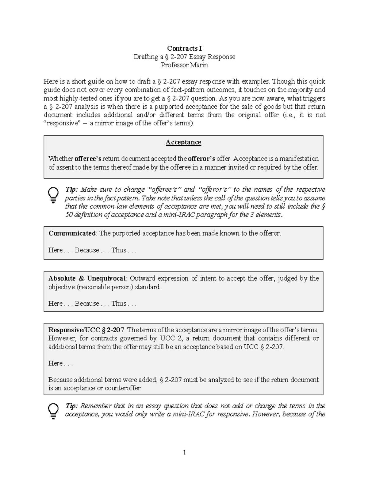 Contracts I: Quick Guide to Drafting a § 2-207 Essay Response - Studocu