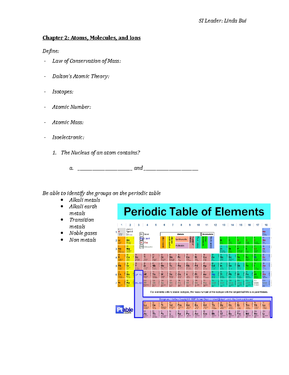 CH. 2 Worksheet - SI Leader: Linda Bui Chapter 2: Atoms, Molecules, and ...