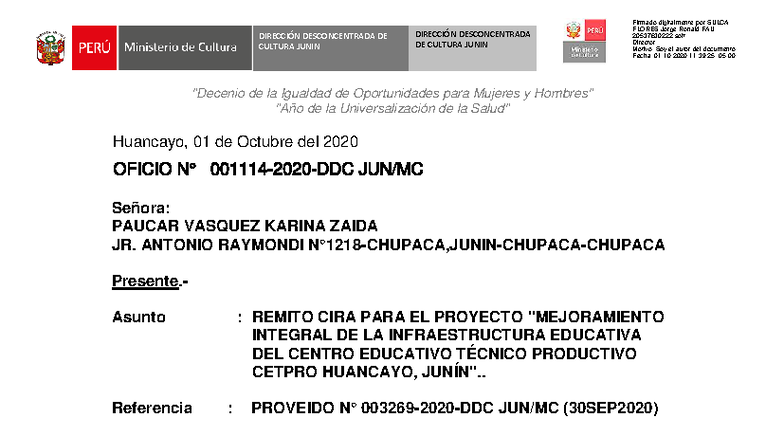 Oficio CIRA para Proyecto Educativo CETPRO Huancayo - Junín - Studocu