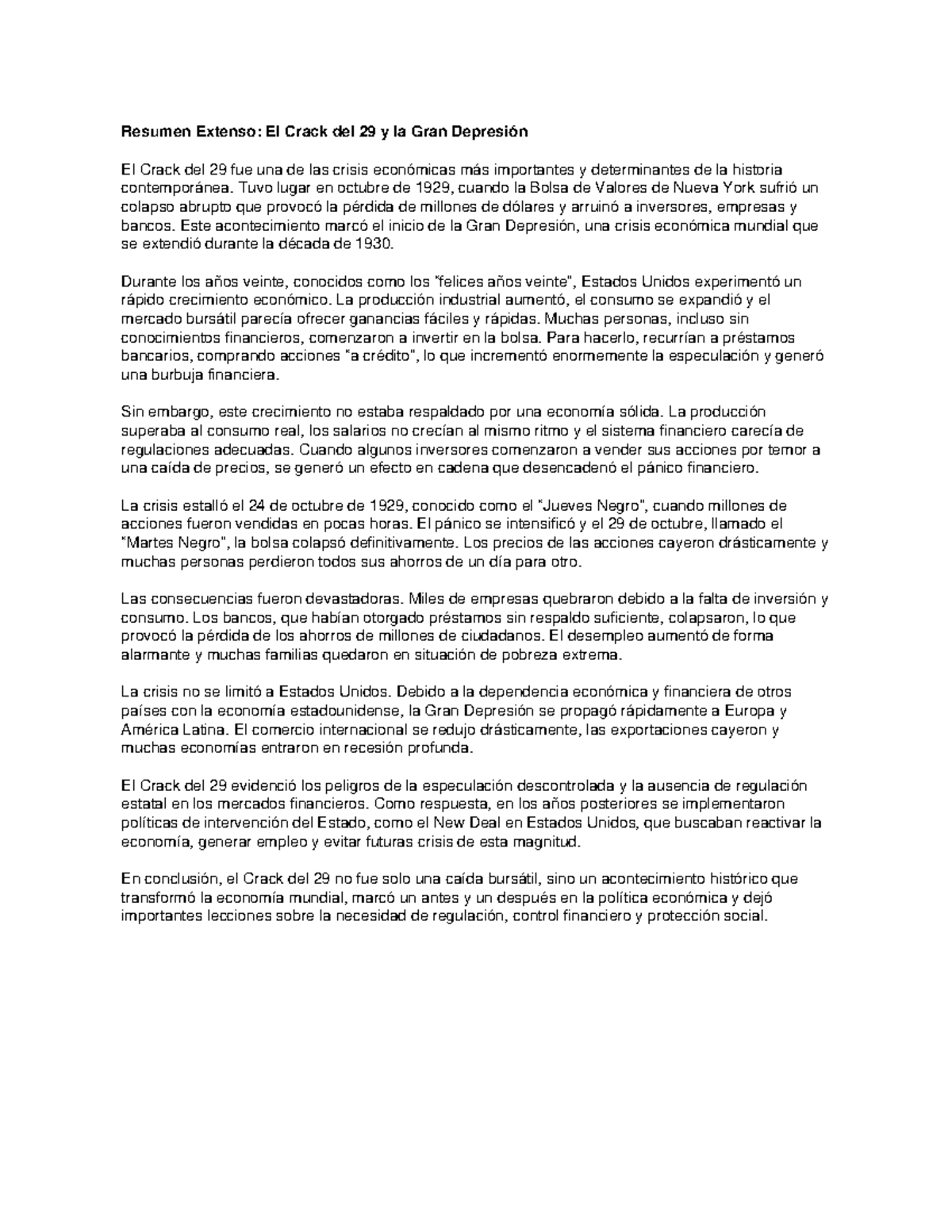 Resumen Extenso: El Crack del 29 y la Gran Depresión - Studocu