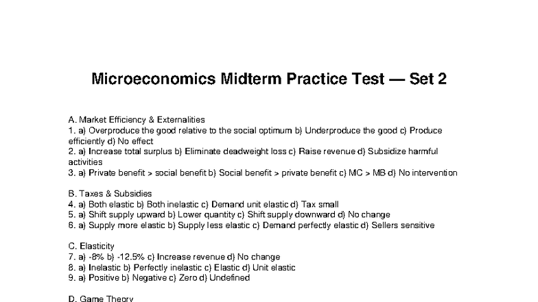 Microeconomics Midterm Practice Test Set 2: Market Efficiency & More ...