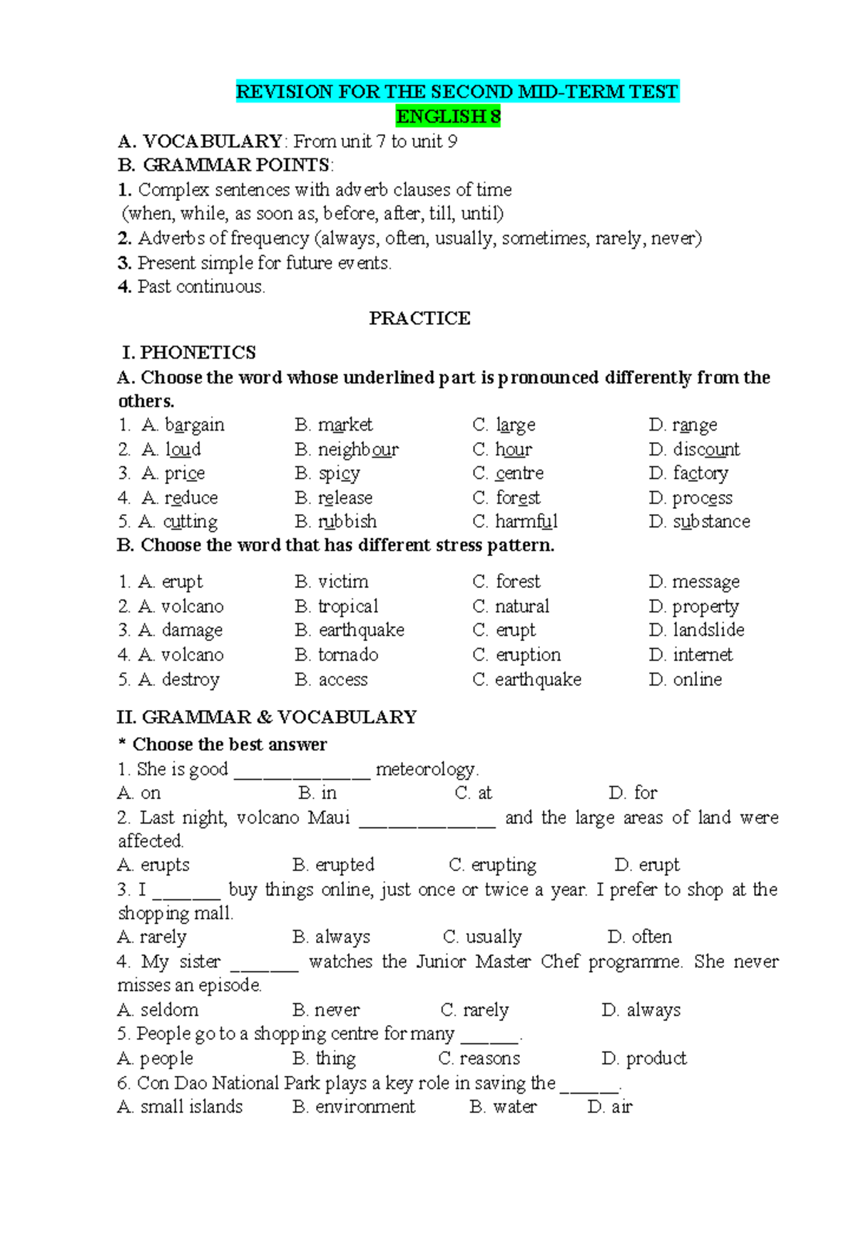 Revision for Second Test: English 8 (Units 7-9) - Vocabulary & Grammar ...