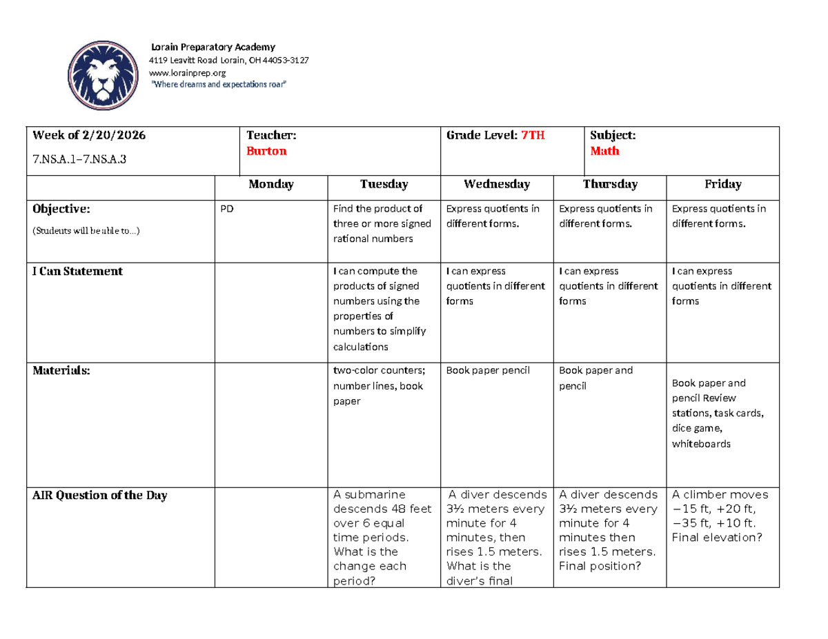7th Grade Math Lesson Plans (223): Dreams & Expectations - Studocu