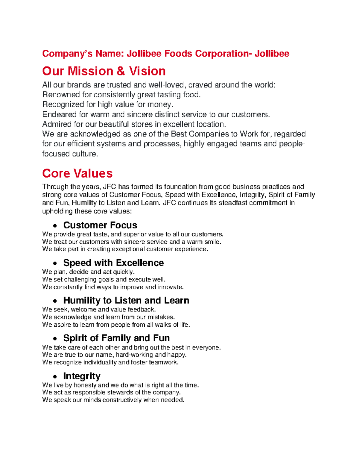 Jollibee Foods Corporation: Mission, Values & Objectives Overview - Studocu
