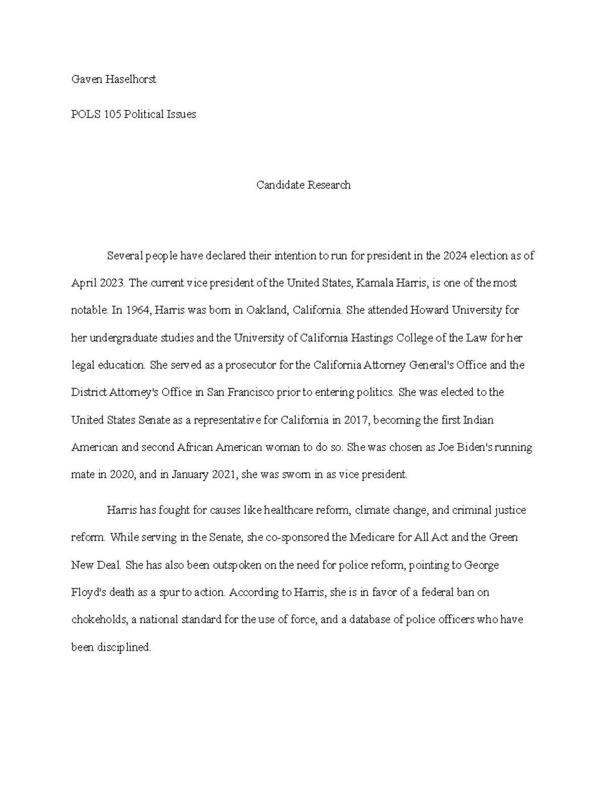POLS 105 Candidate Research: Current Issues on Kamala Harris 2024 - Studocu