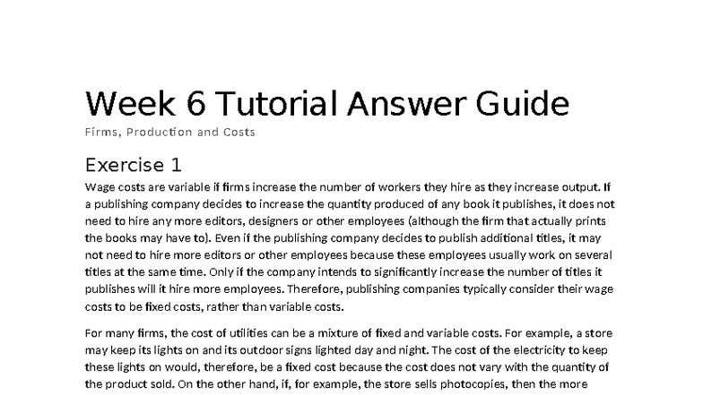 Week 6 Tutorial Answer Guide: Firms, Production & Costs Analysis - Studocu