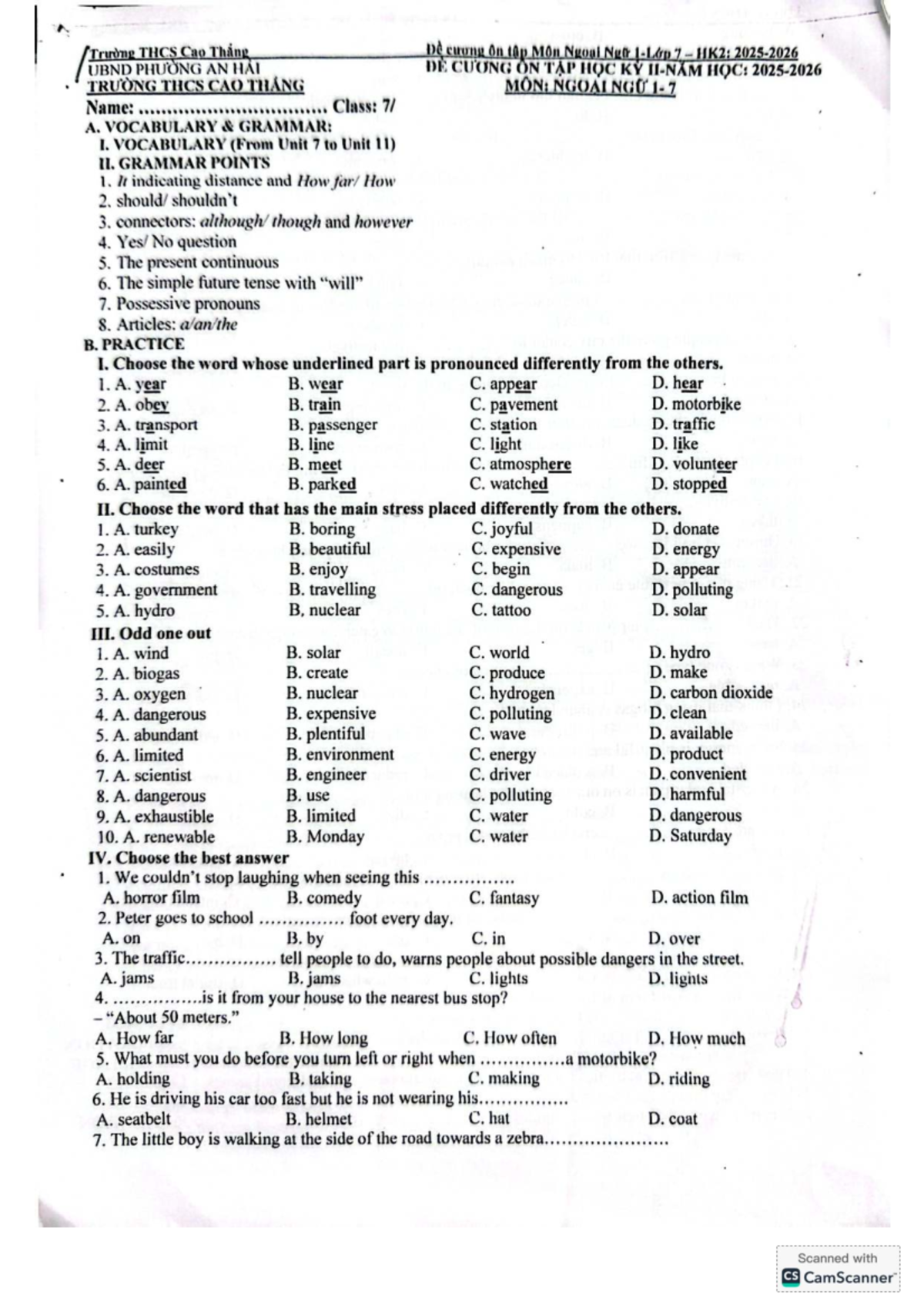 Cao Thang CK2 7 - Vocabulary and Grammar Practice for Units 7-11 - Studocu