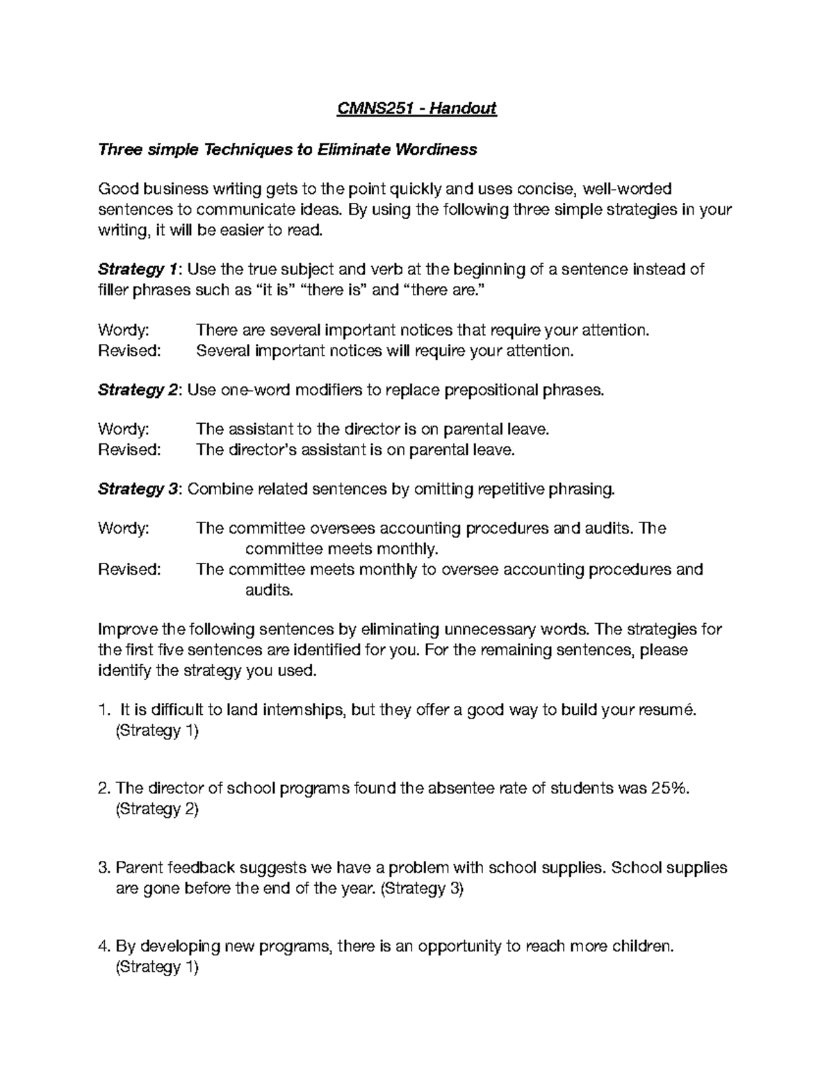 CMNS251 - Wordiness - CMNS251 - Handout Three simple Techniques to ...