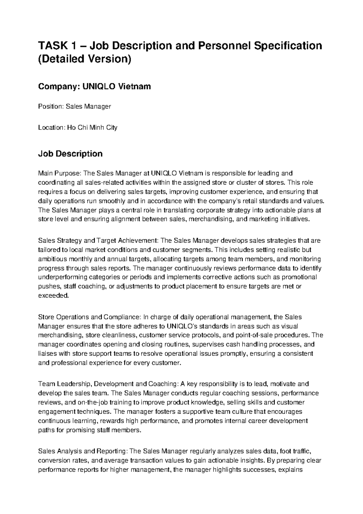 TASK 1: Sales Manager Job Description & Personnel Spec. - UNIQLO 21758 ...