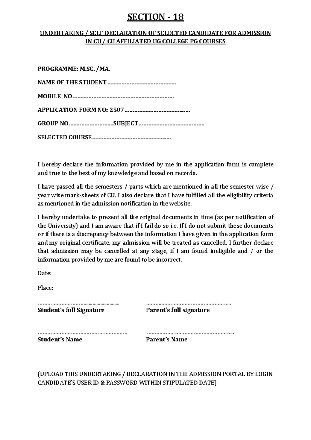Section 18: Self-Declaration Format for CU Admission (M.Sc.) - Studocu