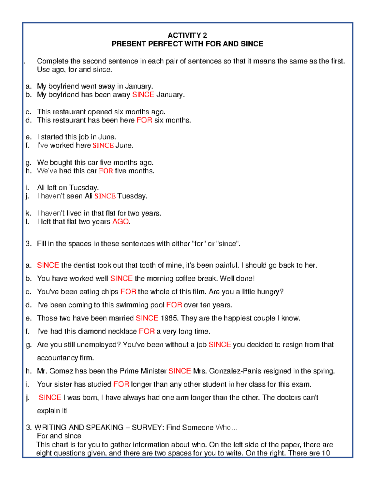 Activity Guide 2: Present Perfect with For and Since - Studocu