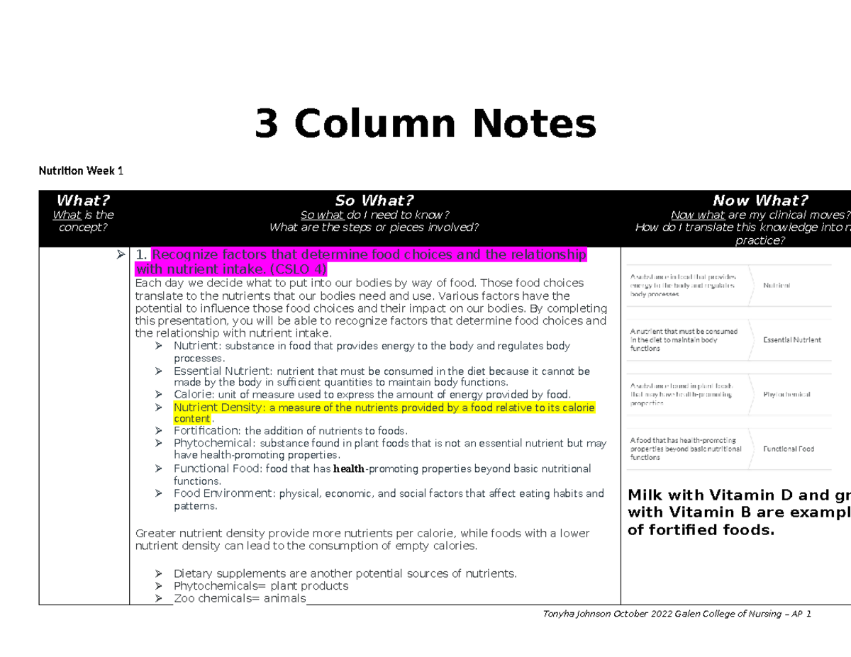 Week 1 Notes - 3 Column Notes Nutrition Week 1 What? What is the ...