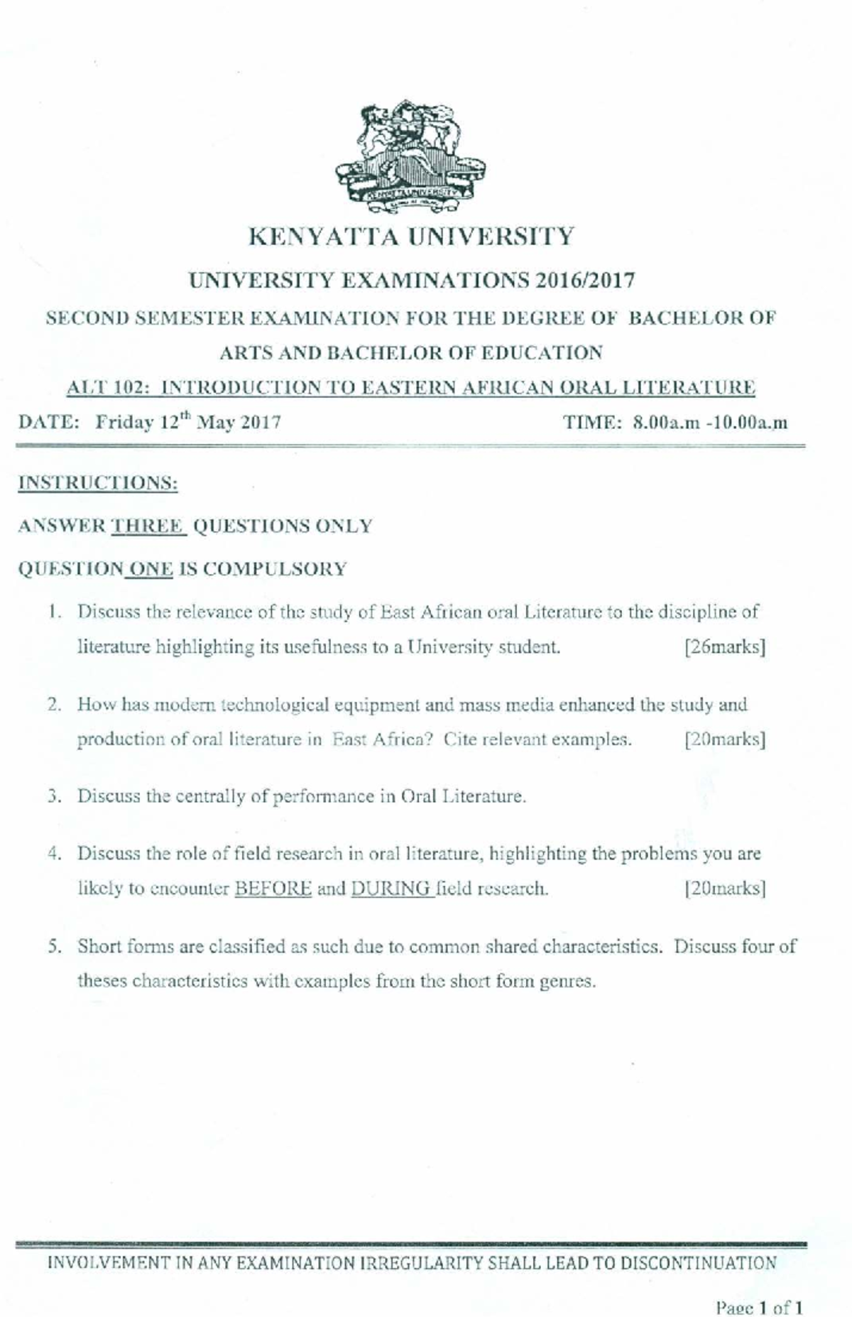 ALT 102: Past Exam Paper on African Oral Literature - May 2017 - Studocu