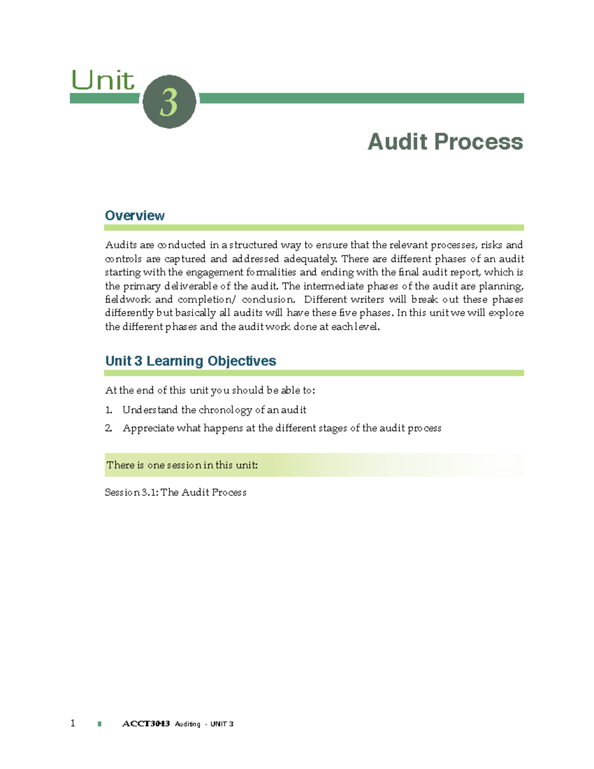 ACCT3043 Unit 3 - Overview of the Audit Process and Stages - Studocu