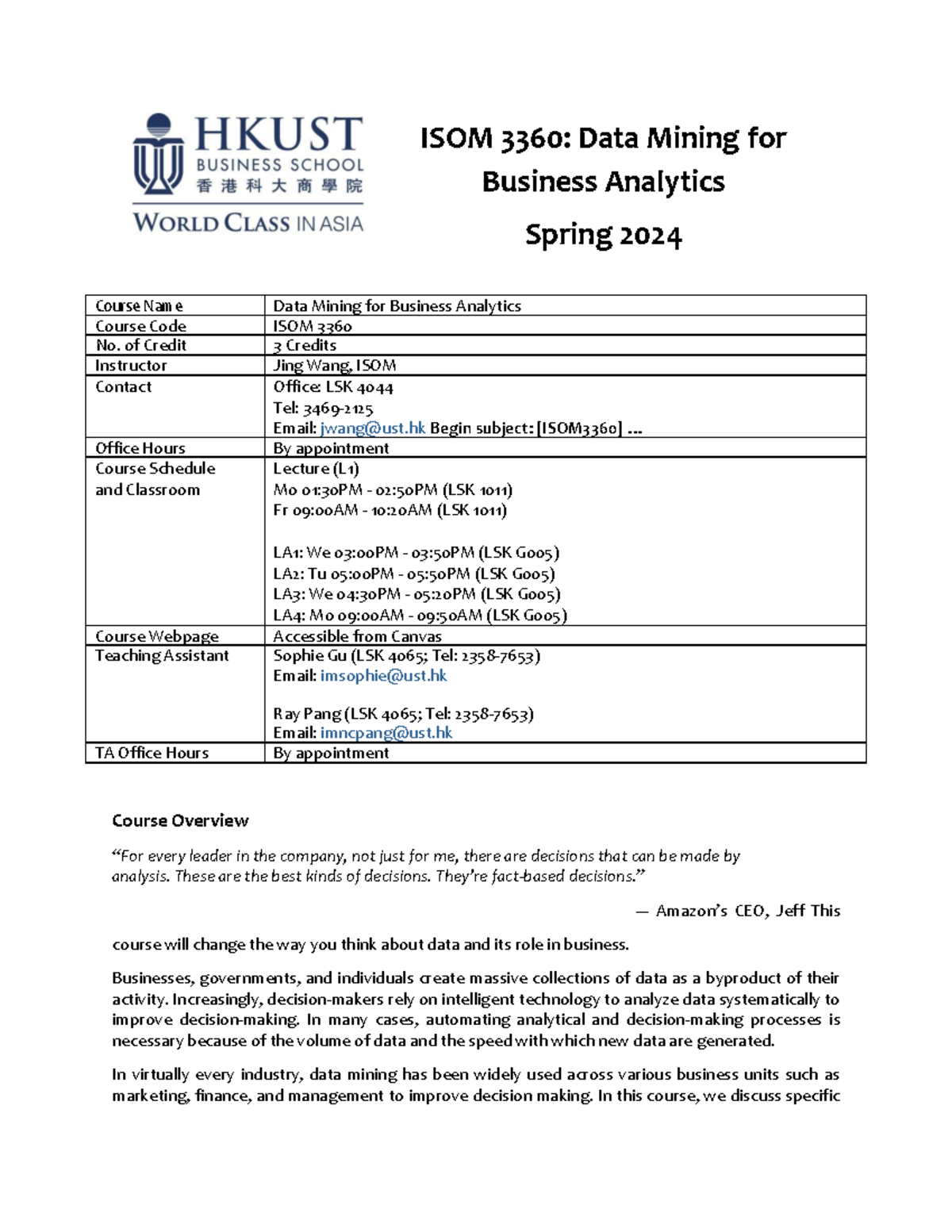 ISOM 3360 Syllabus: Data Mining for Business Analytics Spring 2024 ...