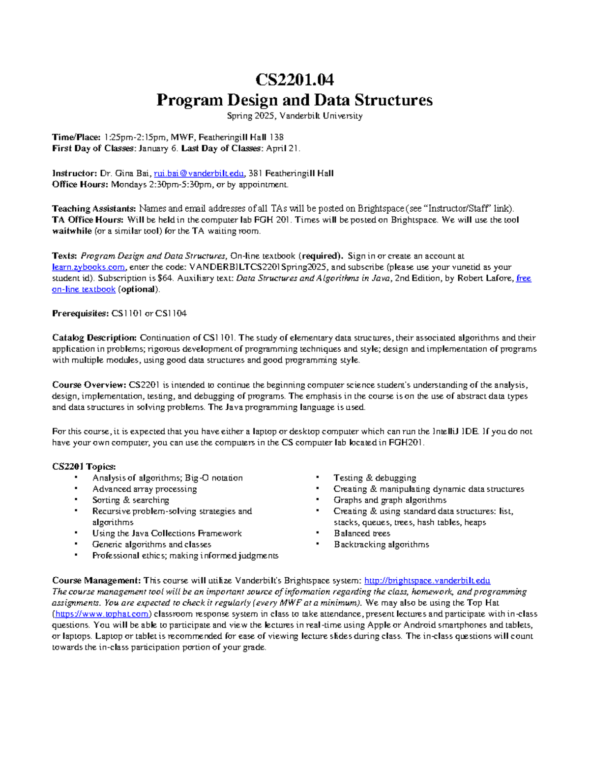 CS2201.04 Syllabus: Program Design & Data Structures Spring 2025 - Studocu
