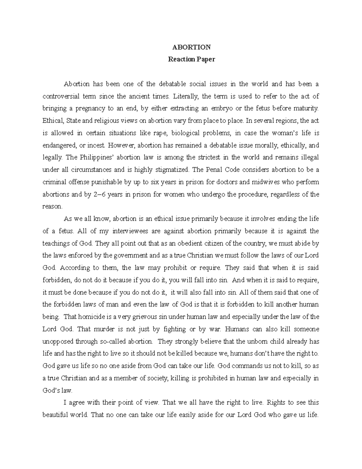 Abortion Reaction Paper - ABORTION Reaction Paper Abortion has been one ...