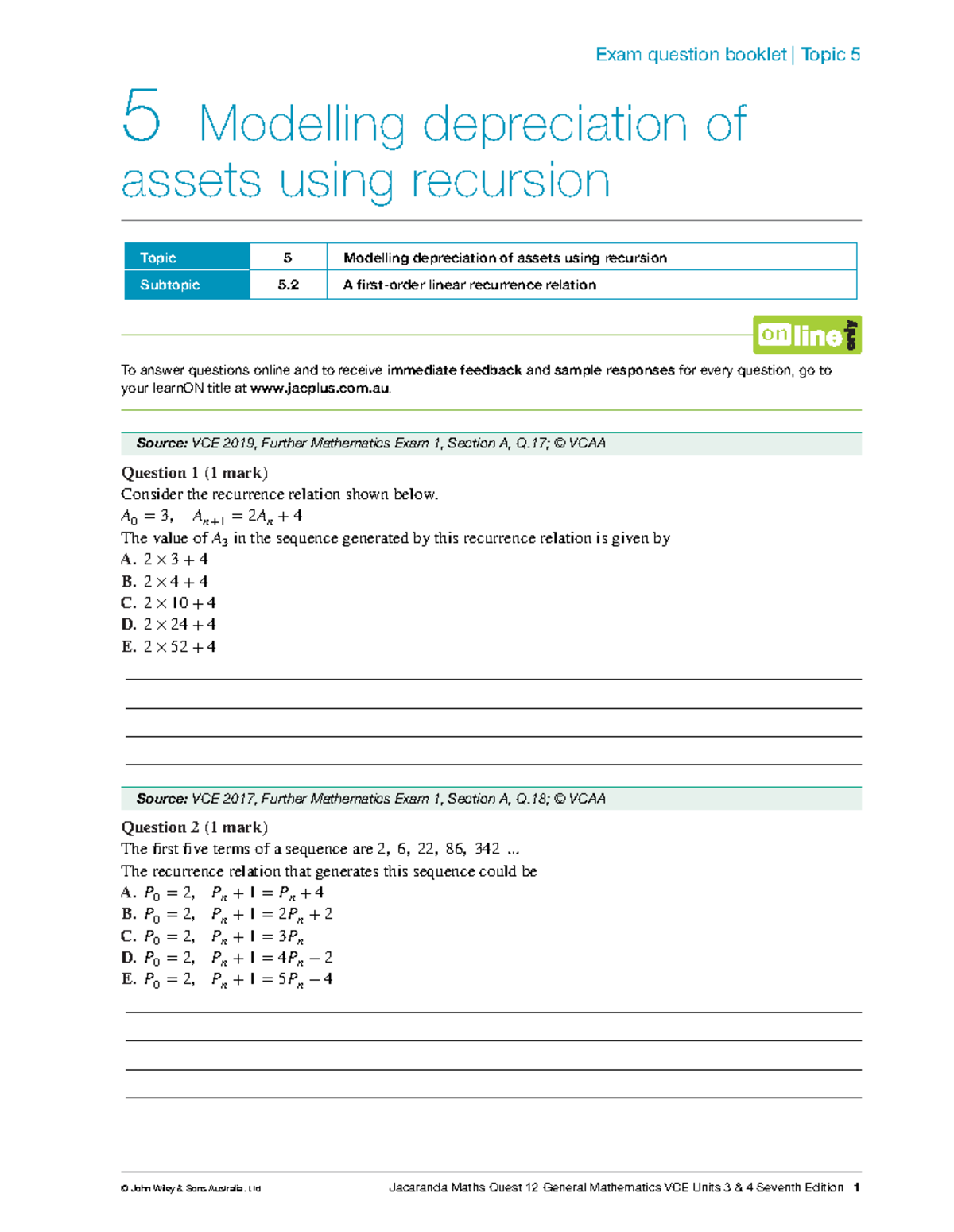 VCE Further Mathematics Exam Questions: Modelling Depreciation ...