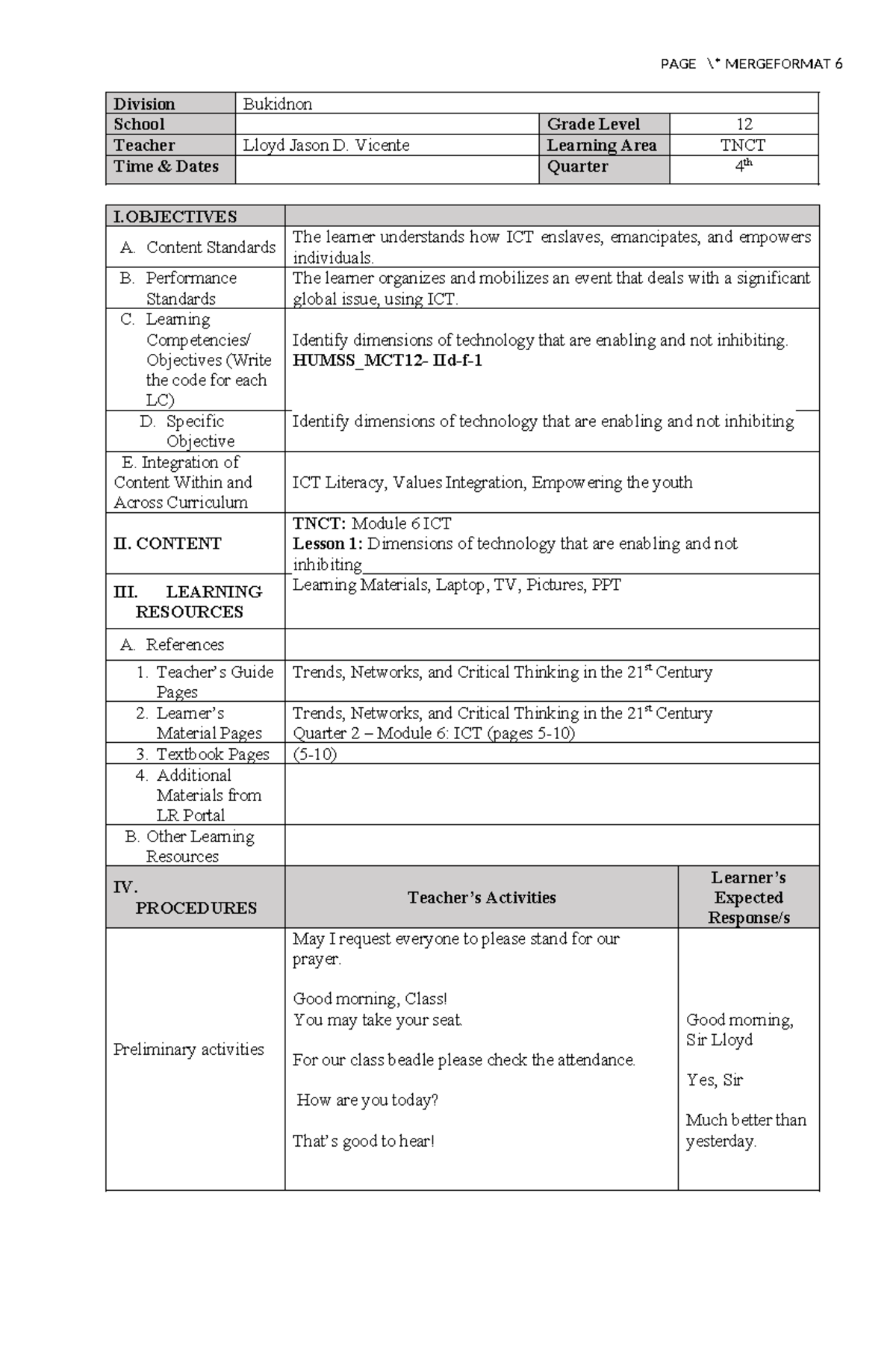 DLP - HUMSS TNCT Module 6: ICT Enabling Technologies Lesson Plan - Studocu