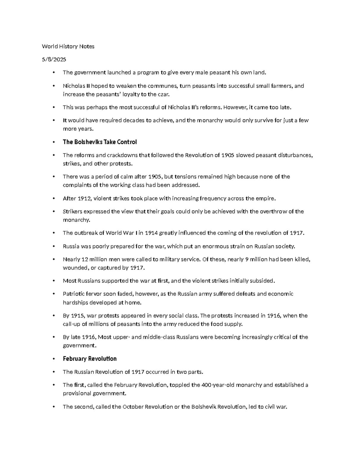 World History Notes: Russian Revolution and Its Impact (5-8-25) - Studocu
