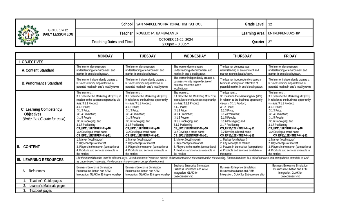 ENTREPRENEURSHIP G12 Daily Lesson Log: Understanding the 7Ps of ...