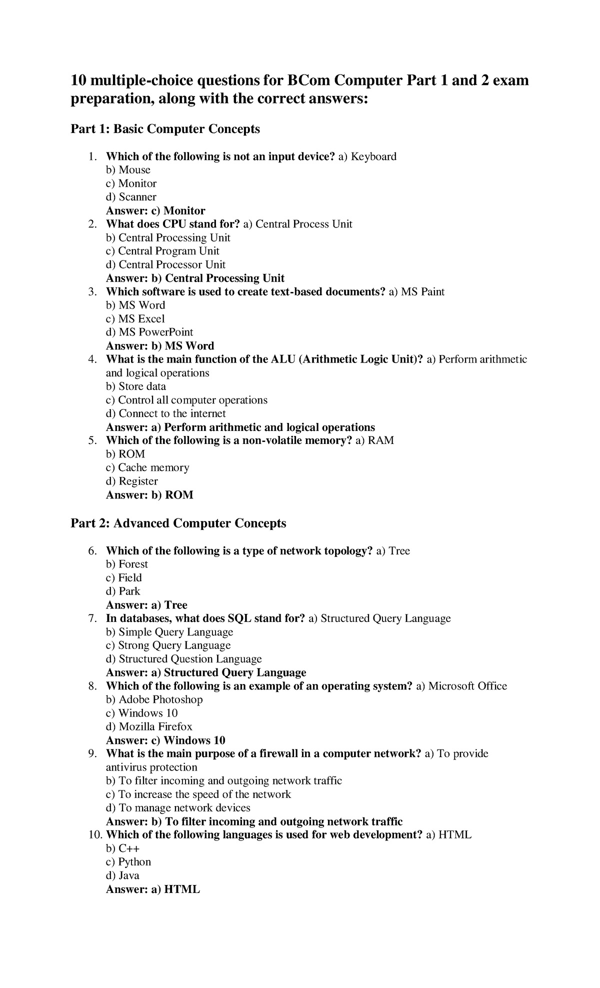 Multiple-choice questions for BCom Computer - Studocu