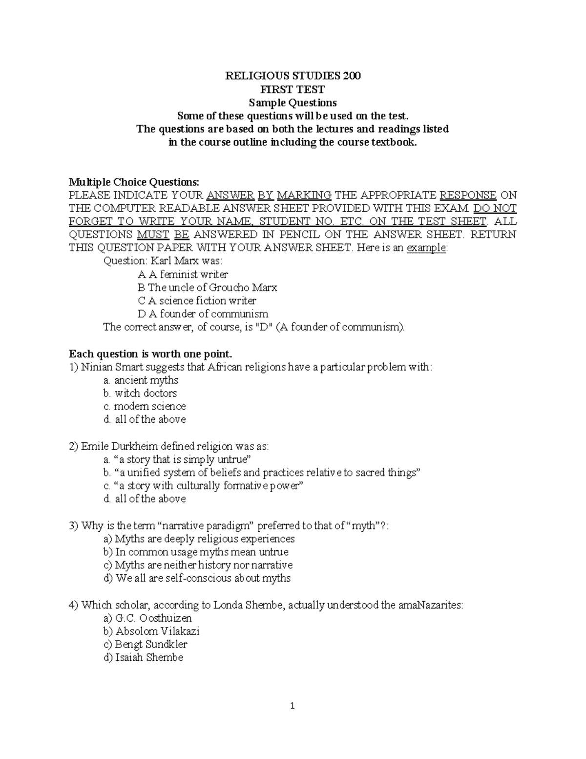 RELIGIOUS STUDIES 200 FIRST TEST Sample Questions and Answers - Studocu