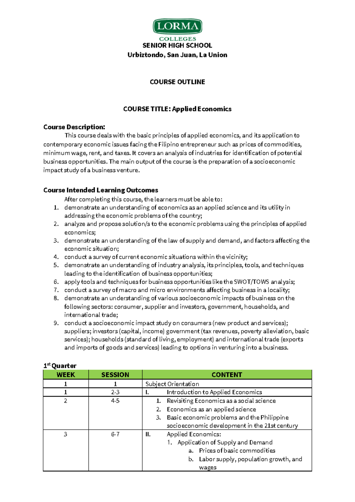 Applied Economics Course Outline for ABM Strand - Senior High School ...