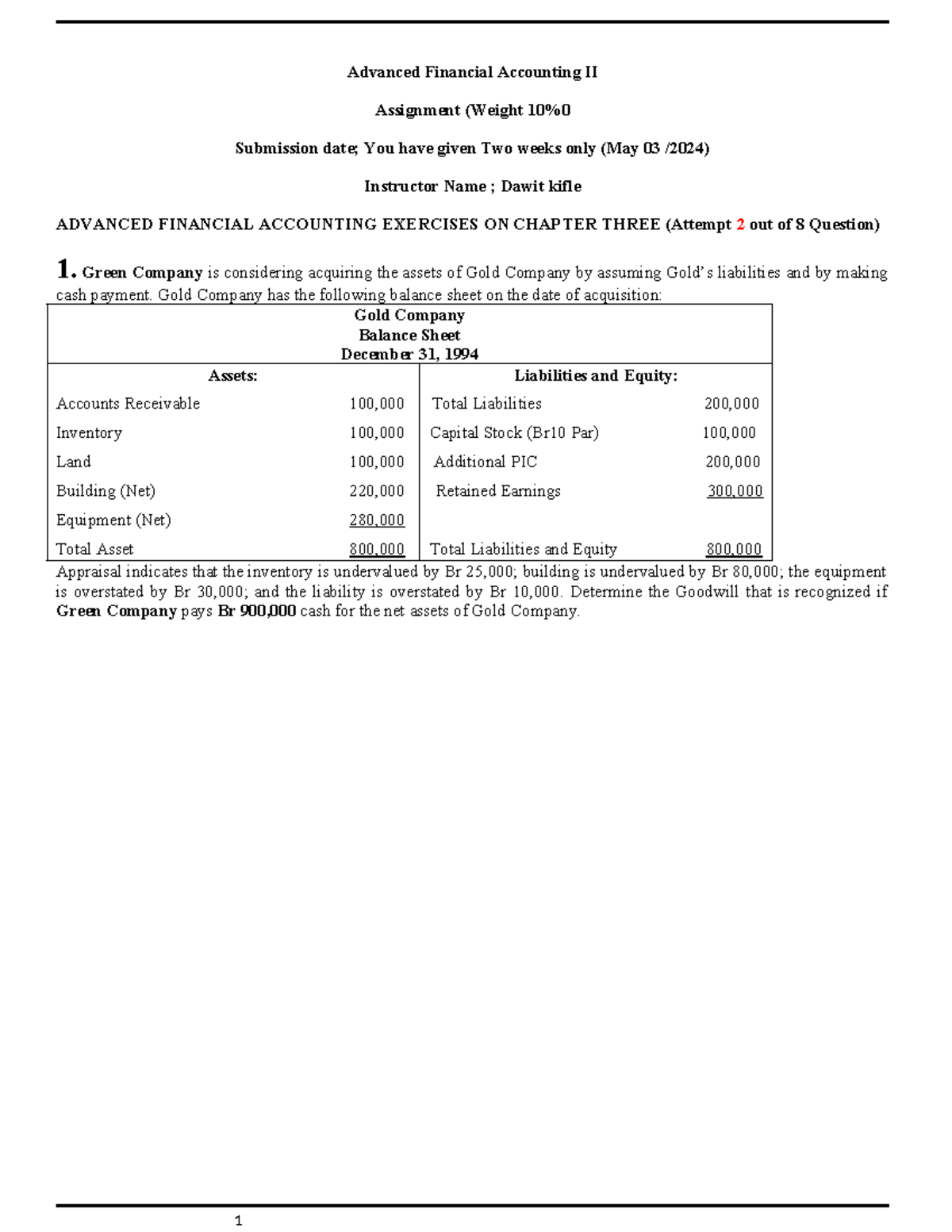 Advanced Financial Accounting II Assignment: Exercises on Chapters 3-5 ...