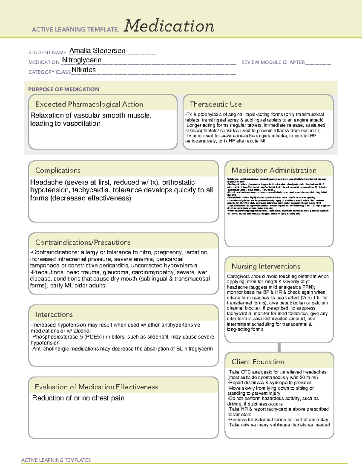 ACTIVE LEARNING TEMPLATE: Nitroglycerin Medication Card Review - Studocu