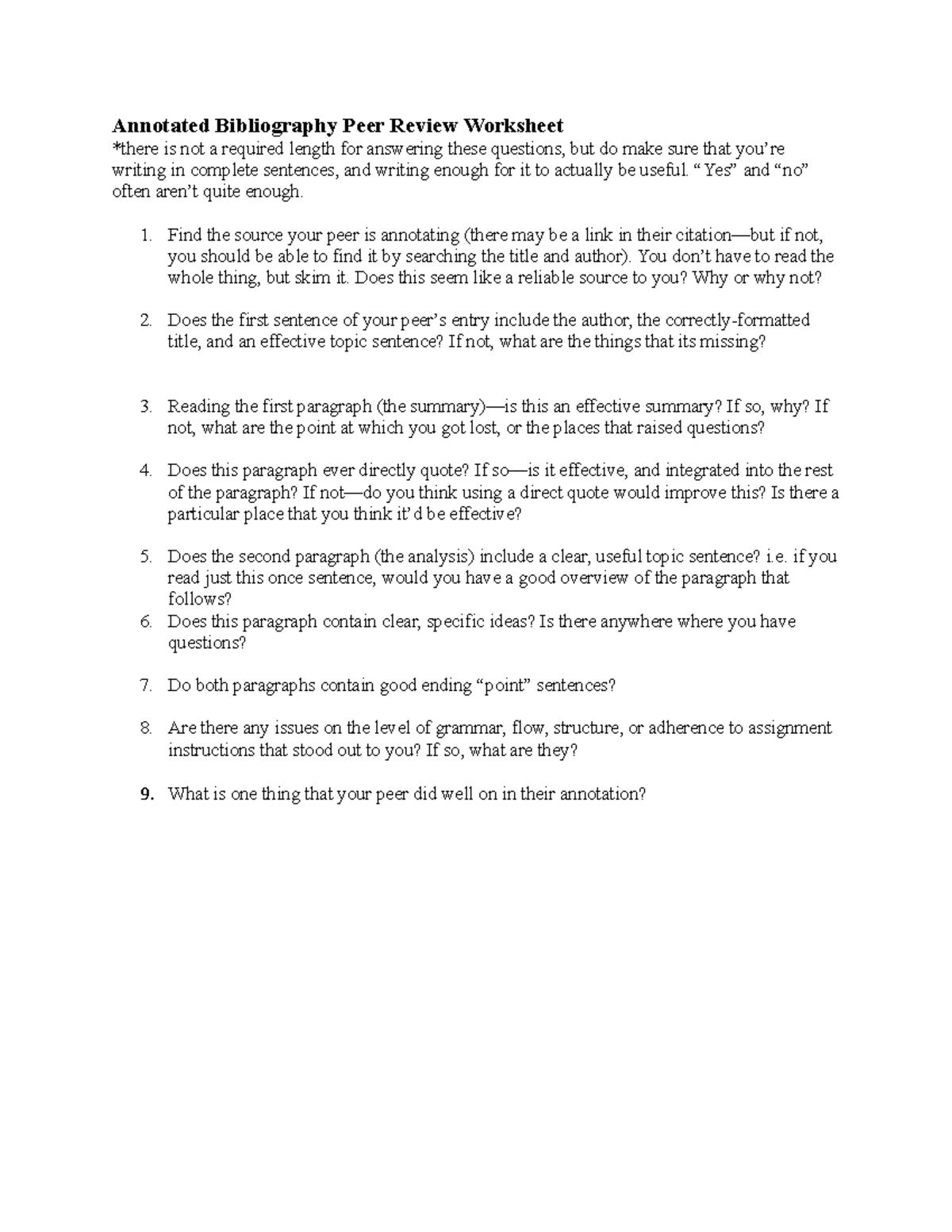 Annotated Bibliography Peer Review Worksheet Guide - Studocu