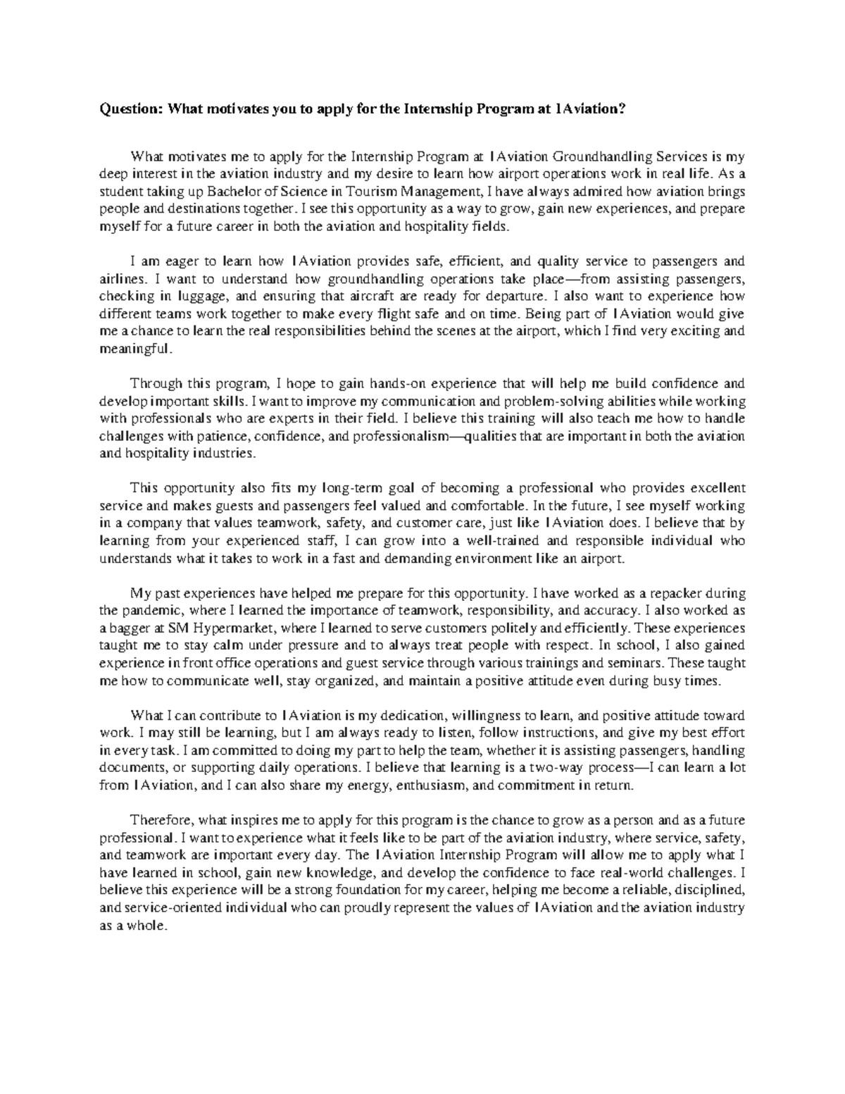 1Aviation Internship Program Application Essay - Melano, Jhay - Studocu