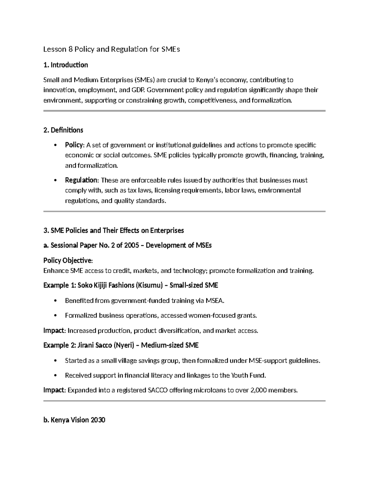 Lesson 8: Policies & Regulations Impacting SMEs in Kenya - Studocu