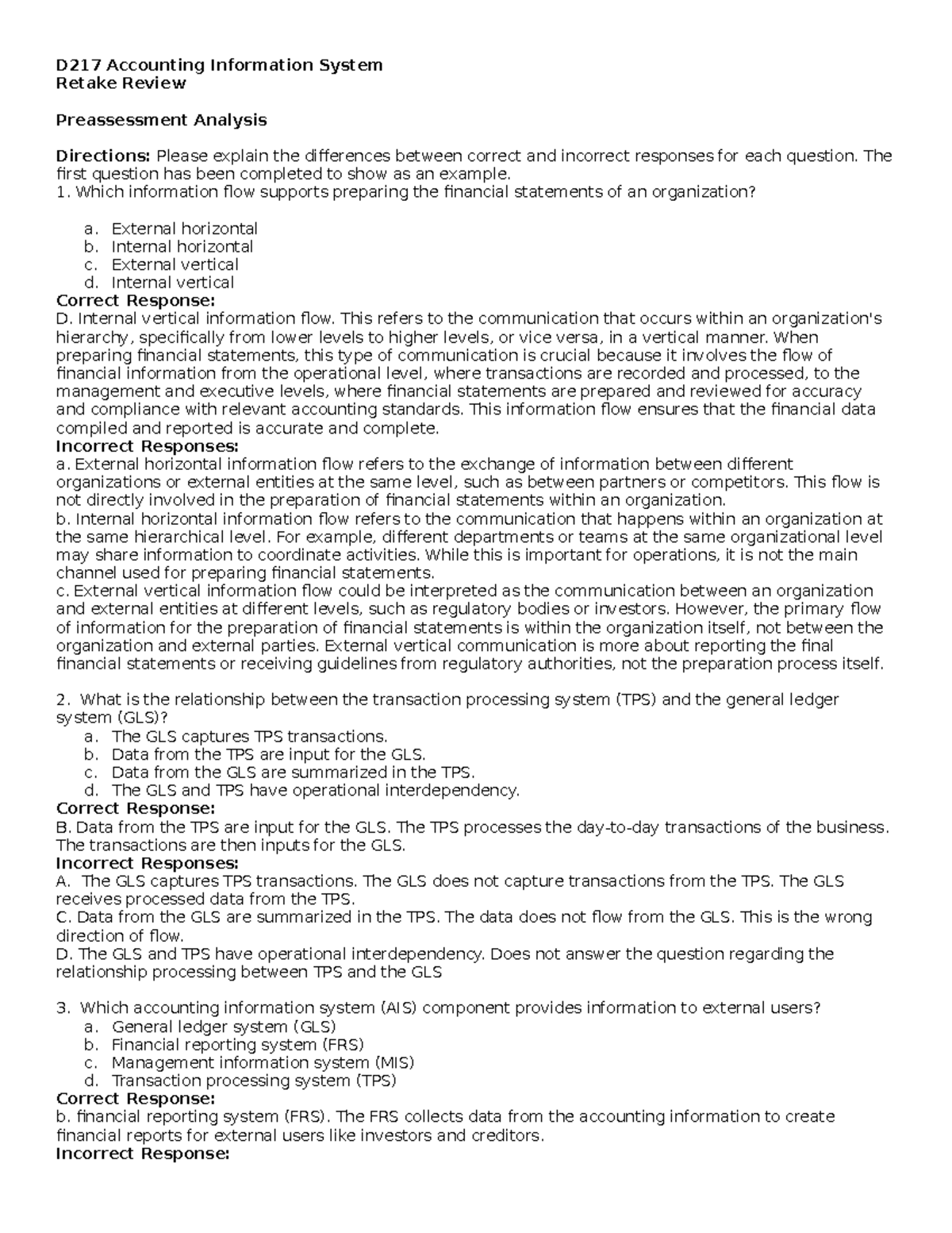 D217 Accounting Information System Retake Review and Analysis Guide - Studocu