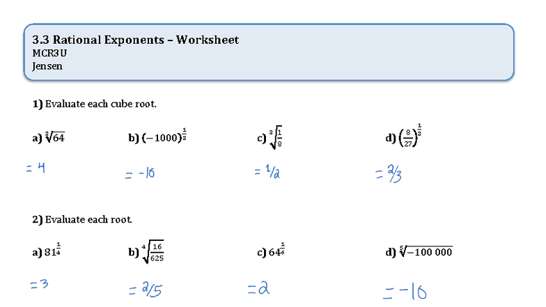 MCR3U Rational Exponents Worksheet Practice Questions - Studocu