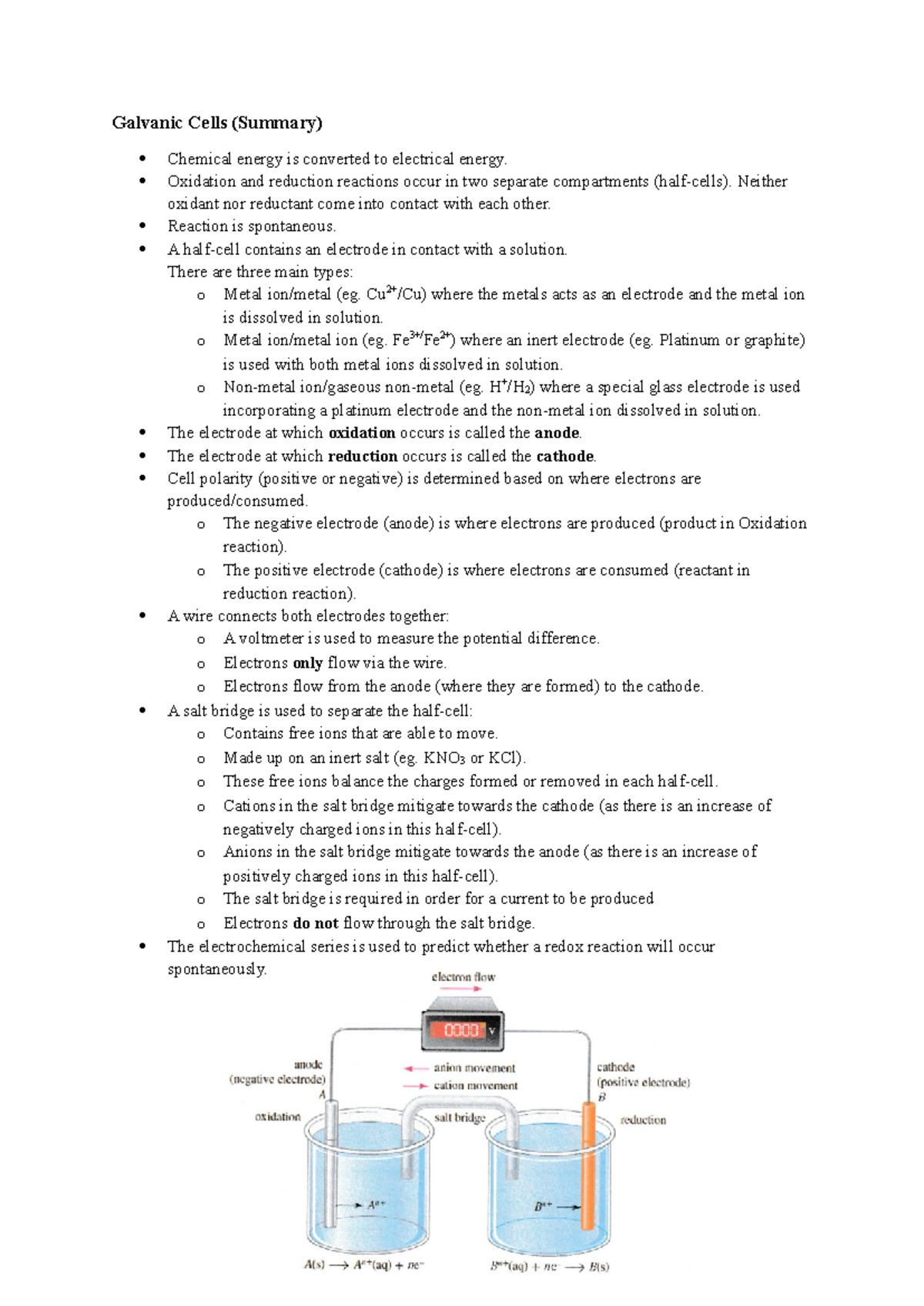 Galvanic cell summary - Galvanic Cells (Summary) Chemical energy is ...
