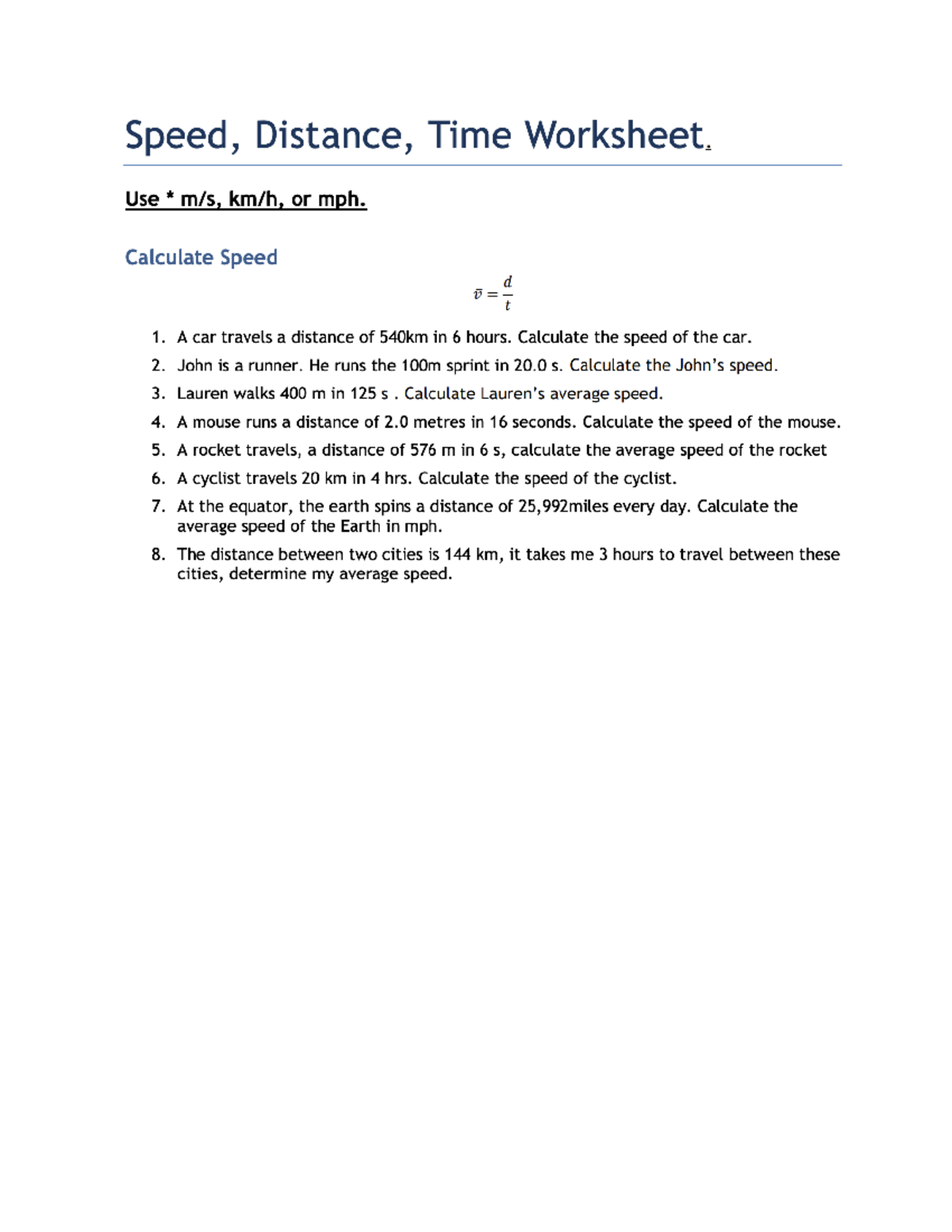 Speed, Distance, Time Worksheet: Calculations & Examples - Studocu