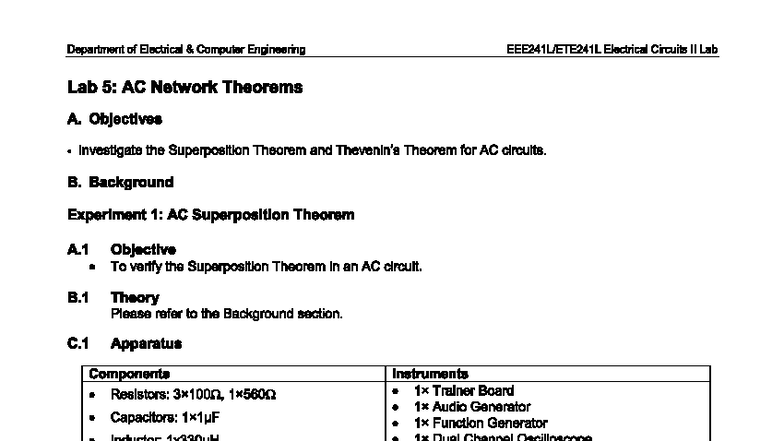 Electrical Circuits II Lab 5: AC Network Theorems and Experiments - Studocu